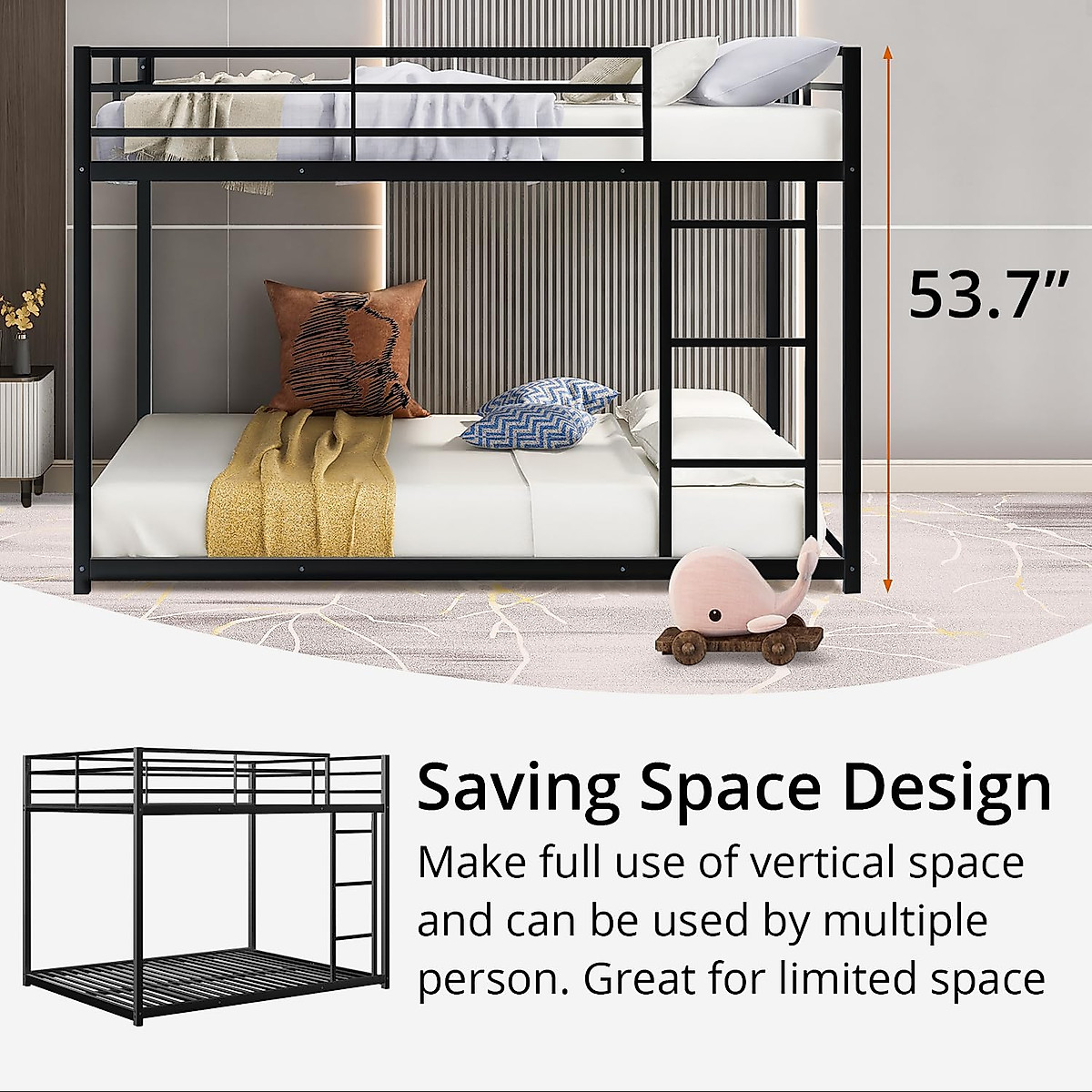 INCLAKE Full Over Full Bunk Bed, Heavy Duty Metal Bunk Bed Frame with Built-in Ladder and Safety Guard Rail, Low Bunk Bed for Teens Adults, Noisy Free & No Box Spring Needed, Black