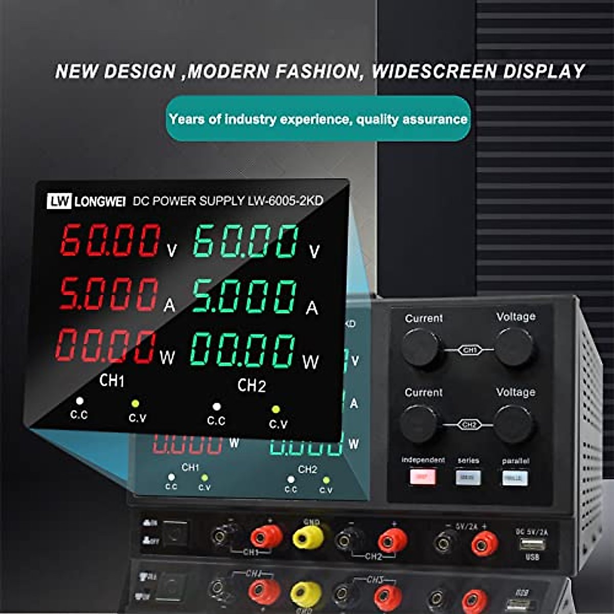 Lwlongwei 4 Channels DC Power Supply Variable, Tripple 60V 5A 2 * 300W Adjustable Switching Regulated DC Bench Power Supply with 4-Digits LED Power Display 5V/2A USB/DC Output Black