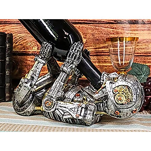 Ebros Steampunk Industrial Victorian Sci Fi Cyborg Robotic Terminator Skeleton Wine Bottle Holder Figurine with Painted Gearwork Clockwork and Mechanical Parts Party Hosting Skeletons Skulls Decor