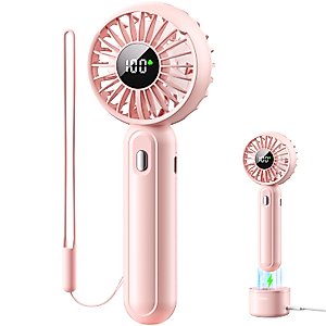 Handheld Fan with 𝗪𝗶𝗿𝗲𝗹𝗲𝘀𝘀 Charging Base, 3 Speeds Portable Fan with Digital Display, 2000mAh Battery Operated Hand Held Fan, Handheld/Desk 2 in 1 Personal Fan Lash Fan Makeup Fan (Pink)
