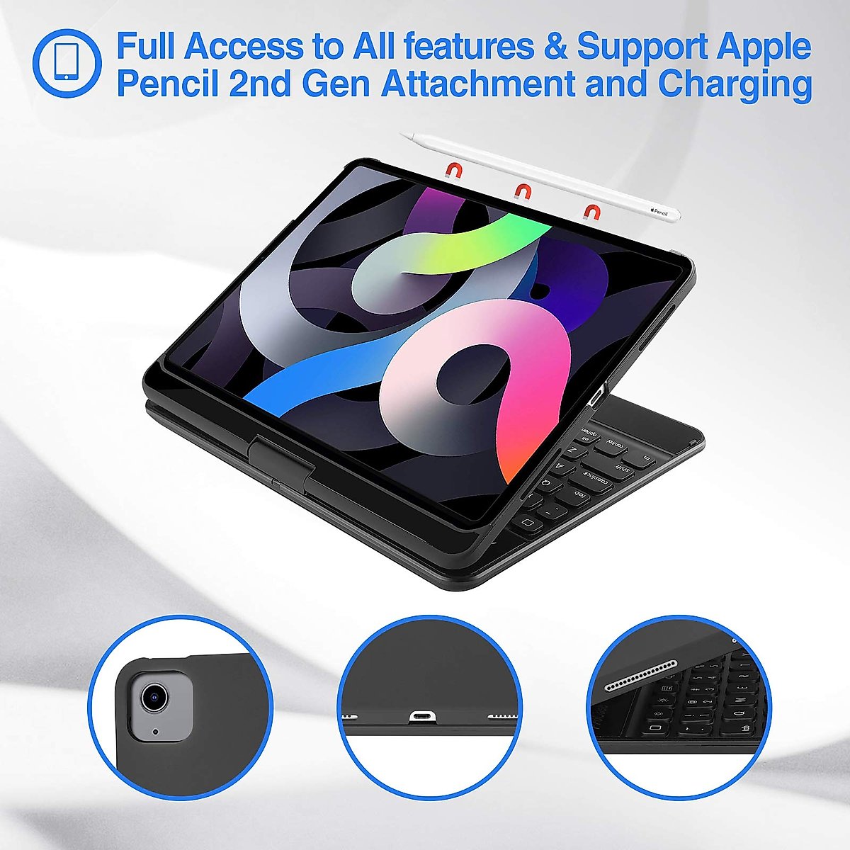 ProCase Keyboard Case for iPad Air 6th 11 inch 2024/Air 5th/4th 10.9" 2022 2020/ iPad Pro 11" 2022 2021 2020 2018, 360 Degree Rotation Wireless Keyboard with 7 Colors Backlit, Auto Sleep/Wake -Black