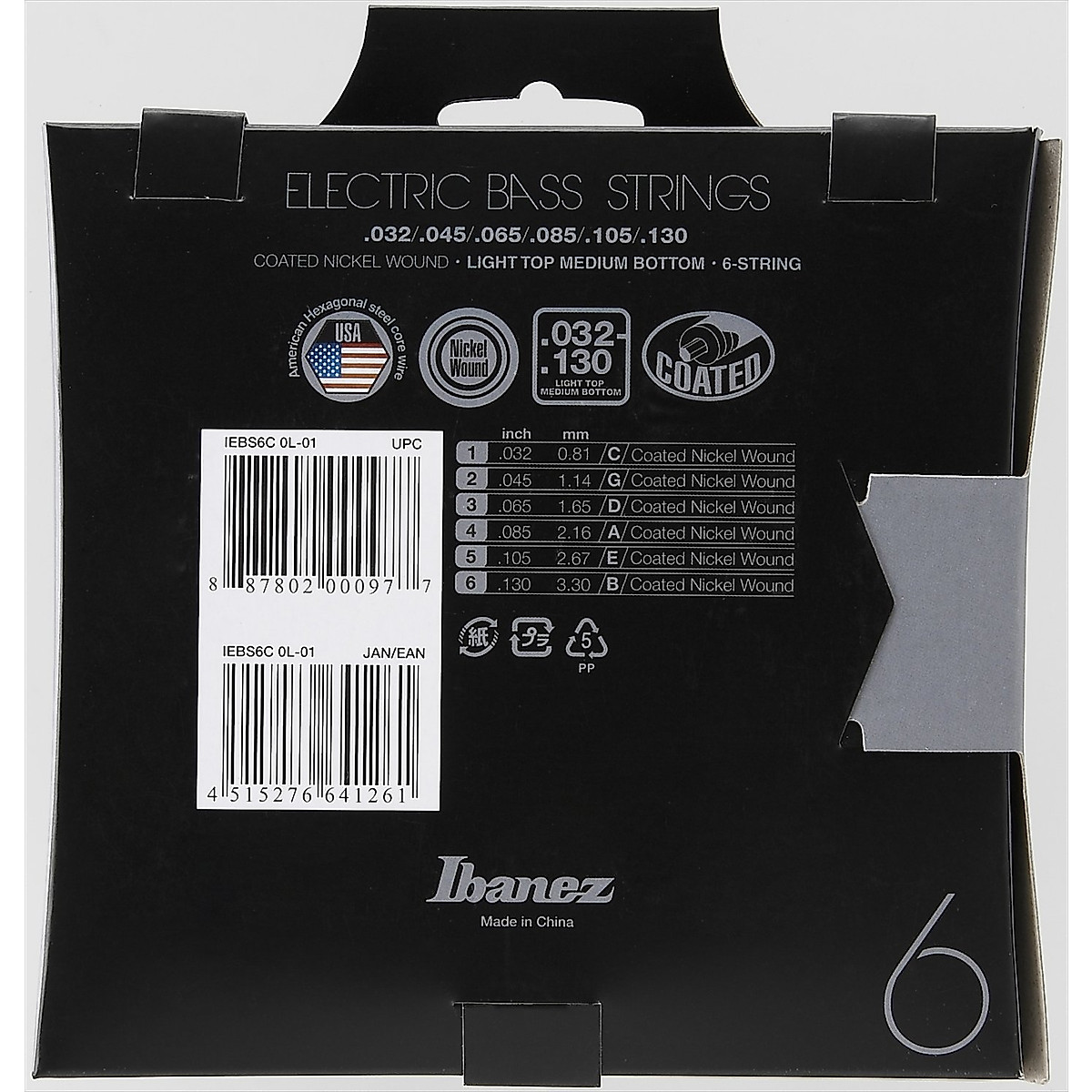 Ibanez, 6 Nickel Bass Guitar Strings-Light Top Medium Bottom, Silver, (IEBS6C)