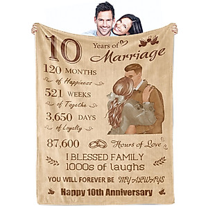 Wedding Anniversary Blanket Couples Present,10th Anniversary Present Blanket for Him and Her,Wife Husband Happy 10 Year Anniversary Present for Couple Mom Dad Parents Valentine's Flannel Throw Blanket