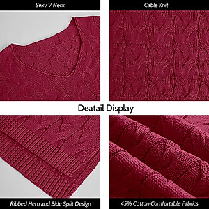 Dyexces Women's V Neck Cable Knit Sweater Dress Long Sleeve Sexy Slim Fit Pullover Sweater Side Split Mini Dress Orange