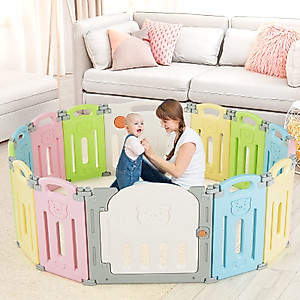 INFANS Baby Playpen, Kids Play Activity Center Yard for Toddlers, 14-Panel Safety Foldable Play Yard with Safety Lock, Adjustable Shape, Game Panel & Gate for Indoors or Outdoors (Colorful)