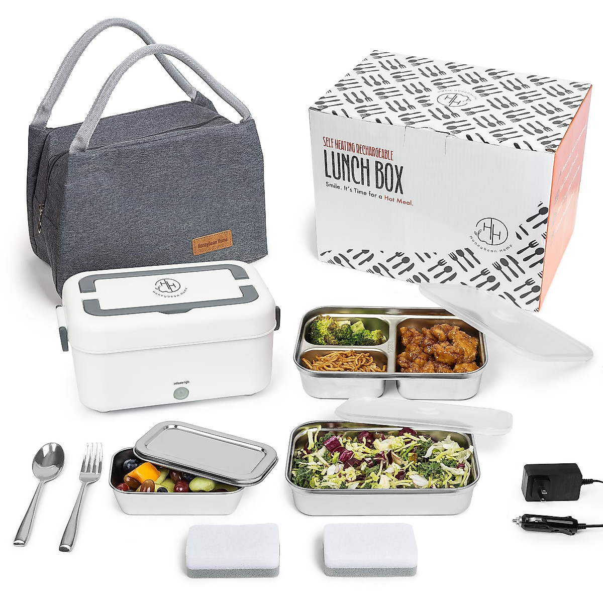 Honeybean Home Self Heating Lunch Box for Work & School – Battery Powered Portable Food Warmer Lunch Box With 35 Minutes of Heating Capability – Our Heated Lunch Box Comes With a Reusable Fork & Spoon