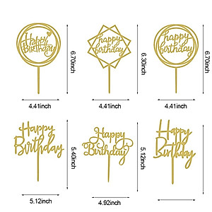 JYNice 6pcs Happy Birthday Acrylic Party Cake Toppers Mirror Gold Cake Topper Party Supplies for Children Birthday Cake Decorations Gifts