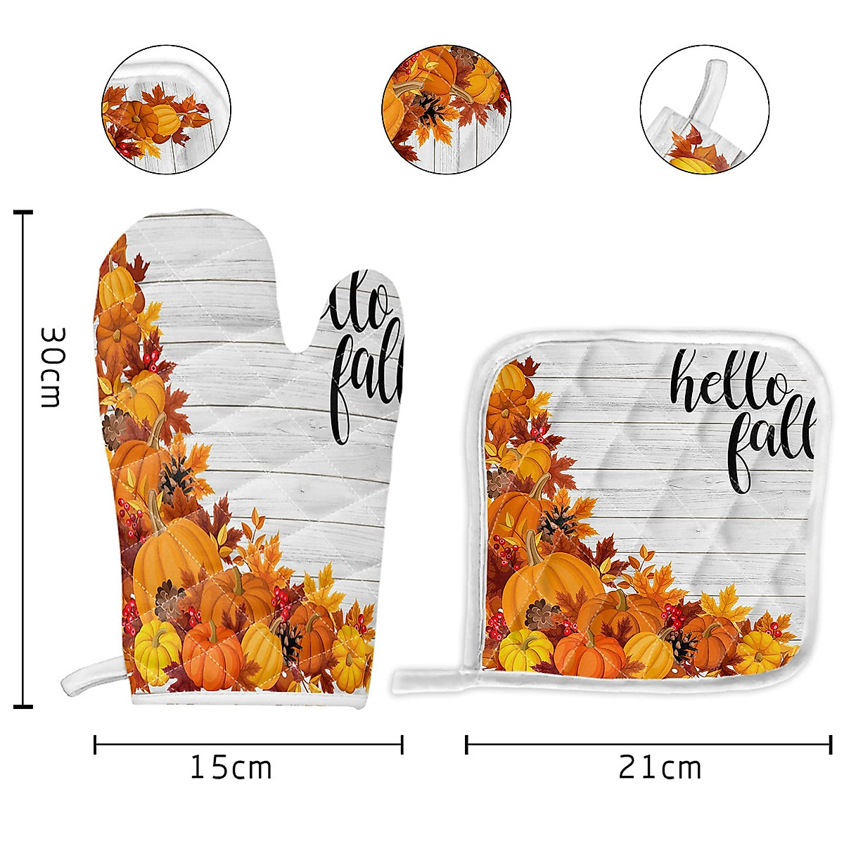 Hello Fall Oven Mitts and Pot Holder Set, Thermal Insulation Kitchen Oven Glove and Anti-Slip Potholder for Cooking, BBQ, Microwave, Grilling - Retro Farmhouse Pumpkins Leaves Wooden Grain