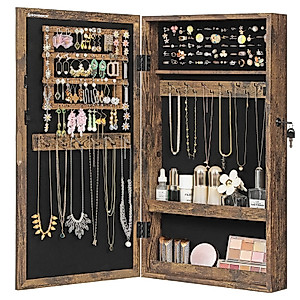 SONGMICS Lockable Jewelry Cabinet Armoire with Mirror, Wall-Mounted Space Saving Jewelry Storage Organizer, Rustic Brown UJJC051K01