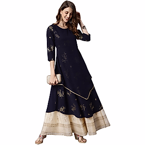 Janasya Kurta for Women Navy Blue