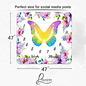 LYLYCTY Baby Monthly Milestone Blanket for 1 to 12 Months Baby, Flower and Butterfly Blanket for Baby Pictures Personalized, Includes Wreath and Frame 47"x47" BTZYLY36