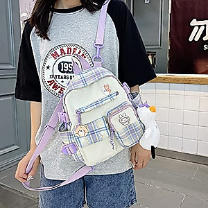 NCDUANSAN Kawaii Schoolbag Student Backpack Plaid Casual Nylon Fresh and Sweet Cute Girl Portable Backpack with Pendant(Purple)
