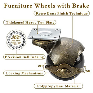 JGJC Casters Set of 4, Antique Brass Casters with Brake, 2 Inch Ball Castor Wheels for Furniture Casters Vintage Wheels Heavy Duty, Table Caster with 360 Degree Swivel Top Plate