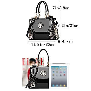 SMALLBLUER Women Patent Leather Tote Crossbody Bag Retro Pattern Shoulder Bags Satchel-Black