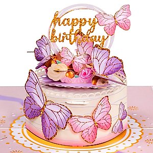 Paper Love Butterfly Birthday Cake, 3D Pop Up Birthday Card, For Adults or Kids - 5"x7" Cover - Includes Envelope and Note Tag