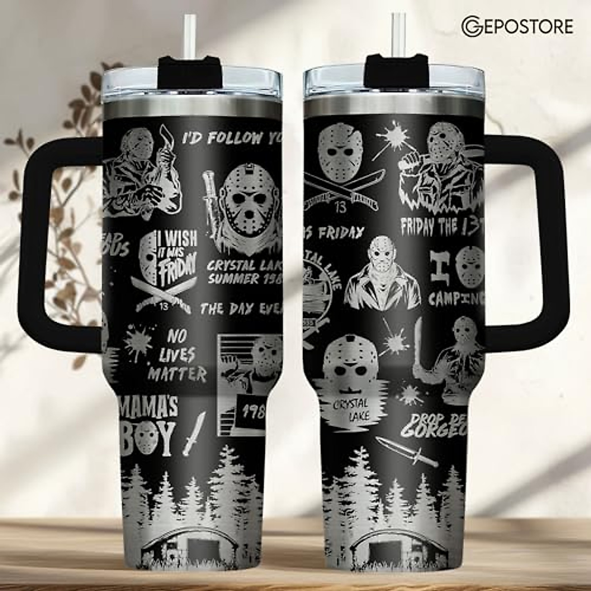 GEPOSTORE Movie Lover Gifts, Horror Friends 40 oz Laser Tumbler Handle and Straw, Horror Characters Tumblers Cup, Halloween Mug, Birthday Gifts for Movies Fans
