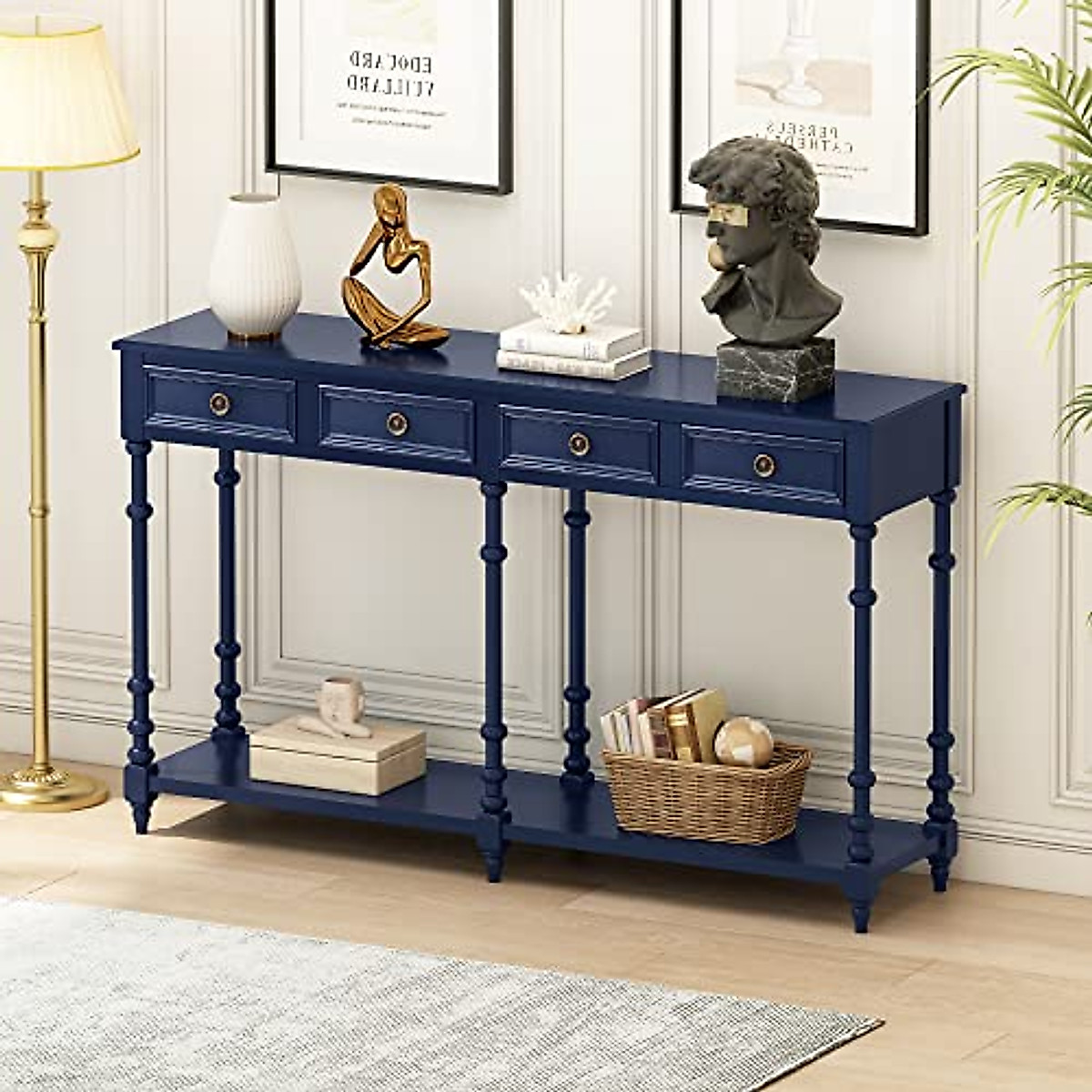 INMOZATA Farmhouse Entryway Table, Narrow Console Table with 2 Drawers, 59" Sofa Table with Storage Shelf, Console Tables for Entryway, Living Room, Hallway, Foyer,Blue