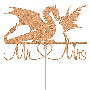 Dragon and Fairy Cake Topper, Wedding Cake Decors, Mr & Mrs, Bride and Groom, Rose Gold Glitter Party Decorations for Engagement/Bridal Shower