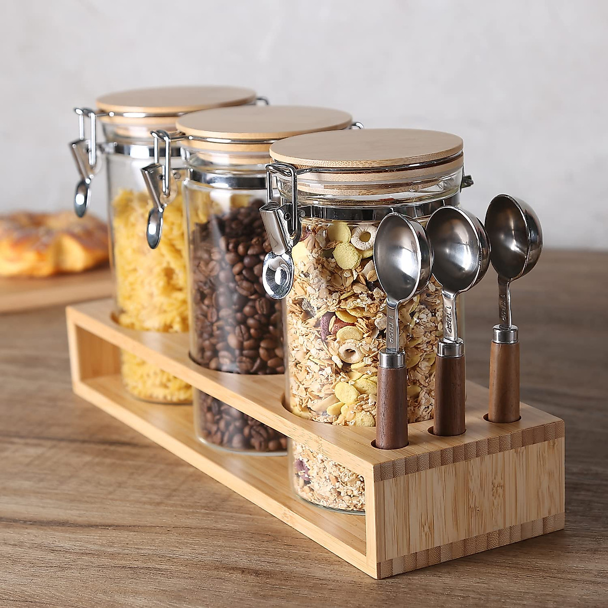 KKC HOME ACCENTS Airtight Glass Coffee Bean Storage Jars with Scoops for Coffee Bar,Sealed Glass Canisters with Hinghed Lids for Ground Coffee,Loose Leaf Tea, Matcha,Sugar,40 Fluid-oz