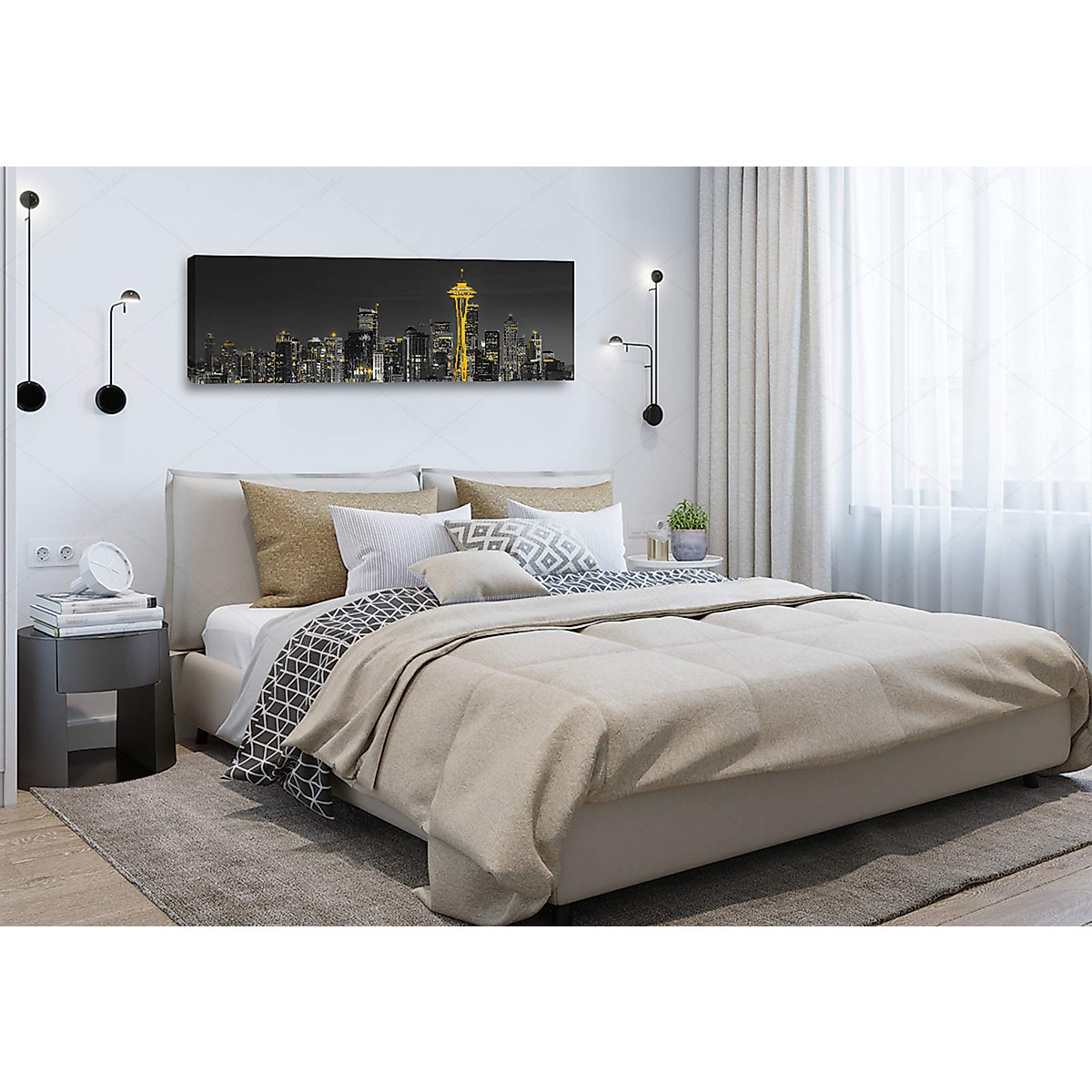 Seattle Wall Art Canvas - 14"X48" Washington DC Wall Art Decor Architecture Posters Black and White Seattle Skyline City Decorations for Bedroom modern Framed City Landscape Office,Living Room