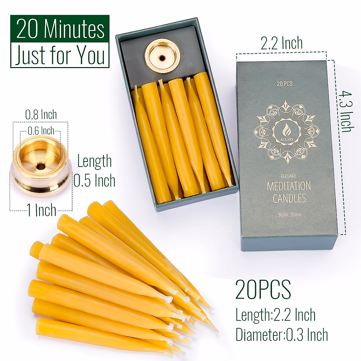 20 Minute Pure Beeswax Candles, Dripless Meditation Candles, Mini Taper Candles, Set of 20 with Brass Candle Holders.
