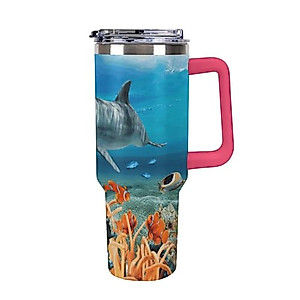 LLUTSNTH 40 Oz Vacuum Tumbler with Light Rose Red Handle Leakproof Insulated Tumbler Dolphins Blue Stainless Steel Travel Mug with Lid And Straw Coffee Cup Cute Water Bottles Cup Holder Friendly