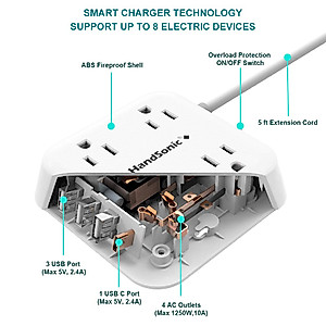 HANDSONIC Power Strip, Mountable Flat Plug Extension Cord with 4 Outlets, 3 USB-A, 1 USB-C, 5 ft Cord, Compact Size Charging Station for Home, Office, Dorm Essentials, Desktop, Travel and Cruise Ship