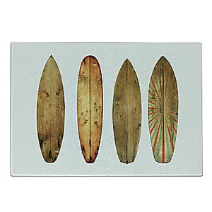 Ambesonne Surfboard Cutting Board, Water Sports Associated Retro Style Vintage Wooden Isolated Surfing Objects, Decorative Tempered Glass Cutting and Serving Board, Small Size, White Brown