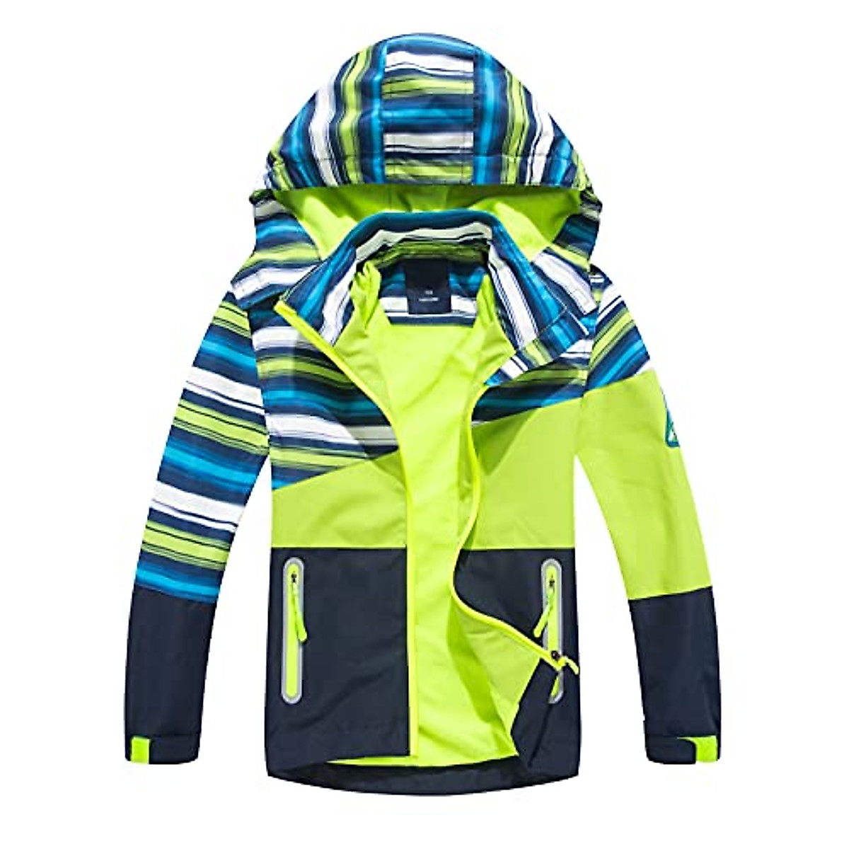 LOKTARC Big Boys Girls Rain Jackets Stripe Color Block Kids Lightweight Waterproof Hooded Raincoats Fluorescent Green 7-8 Years/Size L