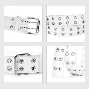 WERFORU 2Pack Double Grommet Belt PU Leather Punk Belt for Women Jeans (suit for pant below 35", A-Black+White)