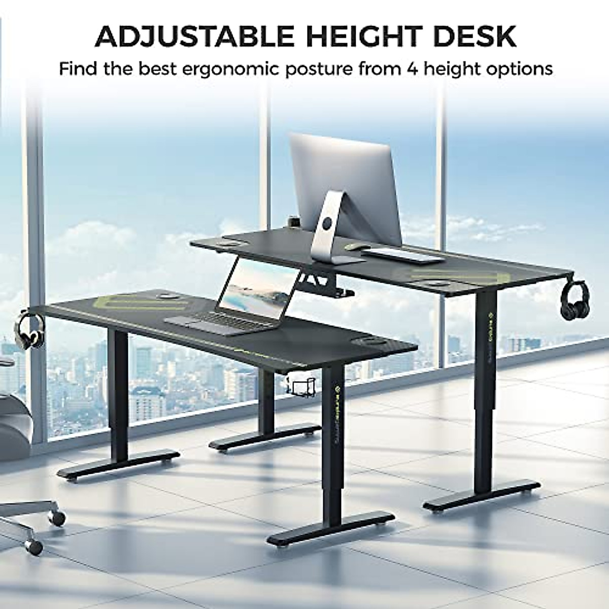 EUREKA ERGONOMIC 63 Inch Large Manual Height Adjustable Gaming Computer Desk, Home Office Studio Table Dual 3 Monitor Curved Edge Gifts 60 + w/Full Desk Mouse Pad Controller Stand Cup Headset Holder