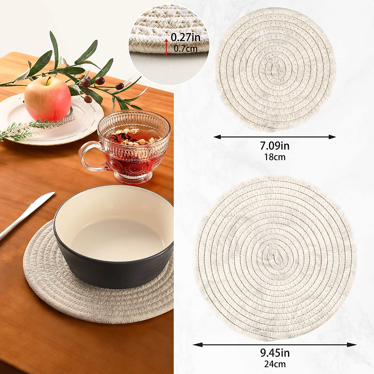 Pot Holders Trivets Set Pure Cotton Potholders Set, Hot Pads Set of 2, White Rose Hot Pot Trivets One 9.45 Inch and One 7 Inch