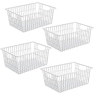 iPEGTOP Wire Storage Freezer Baskets, Set of 4 Large 15.2" Farmhouse Organizer Storage Bins Fridge Basket Rack with Handles for Kitchen Cabinets, Pantry, Office, Bathroom Organization- White