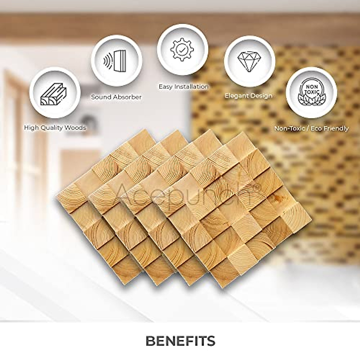 Acepunch 6 Artistic 3D Mosaic Premium High-Grade Finland Wooden Wall Art Panel Room DIY Acoustic Sound Diffuser STC 27 Home Studio Wood Soundproofing Noise Reduction Wood Decor 12x12in AP1254