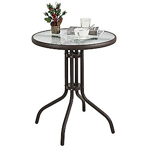 24" Patio Dining Table Round Bistro Table Outdoor Furniture Garden Table with Frame Tempered Glass Top for Backyard Lawn Balcony Pool, Brown
