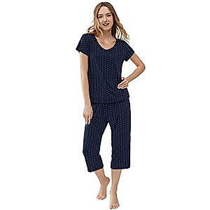 Joyaria Womens Capri Bamboo Pajamas Capri Pjs Set Night Sweats Short Sleeve Sleepwear Hot Flashes(Navy Polka Dot,XXL)