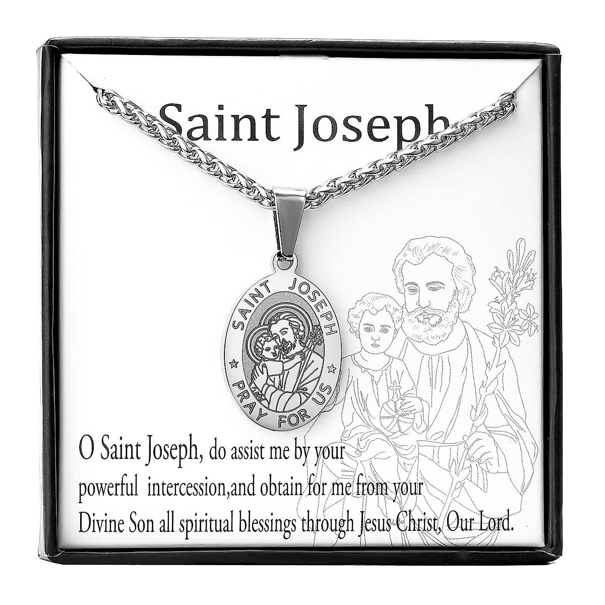 Zocomi Silver Saint St Joseph Medal Necklace for Men Boys, St. Joseph Pendant Chain Jewelry Catholic Christian Religious Baptism First Communion Confirmation Gifts Teenage Age Kids