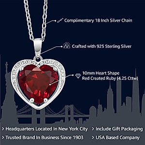 Gem Stone King 925 Sterling Silver Created Ruby Pendant Necklace For Women (4.25 Cttw, Heart Shape 10MM, With 18 Inch Silver Chain)