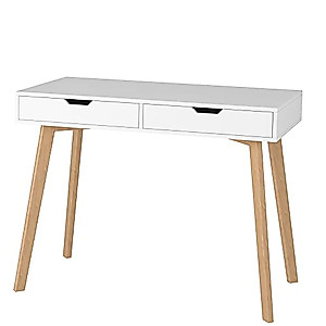 FOTOSOK White Computer Writing Desk with 2 Drawers, Modern Home Office Desk with 4 Oak Legs, Small Makeup Vanity Table Desk Console Study Table
