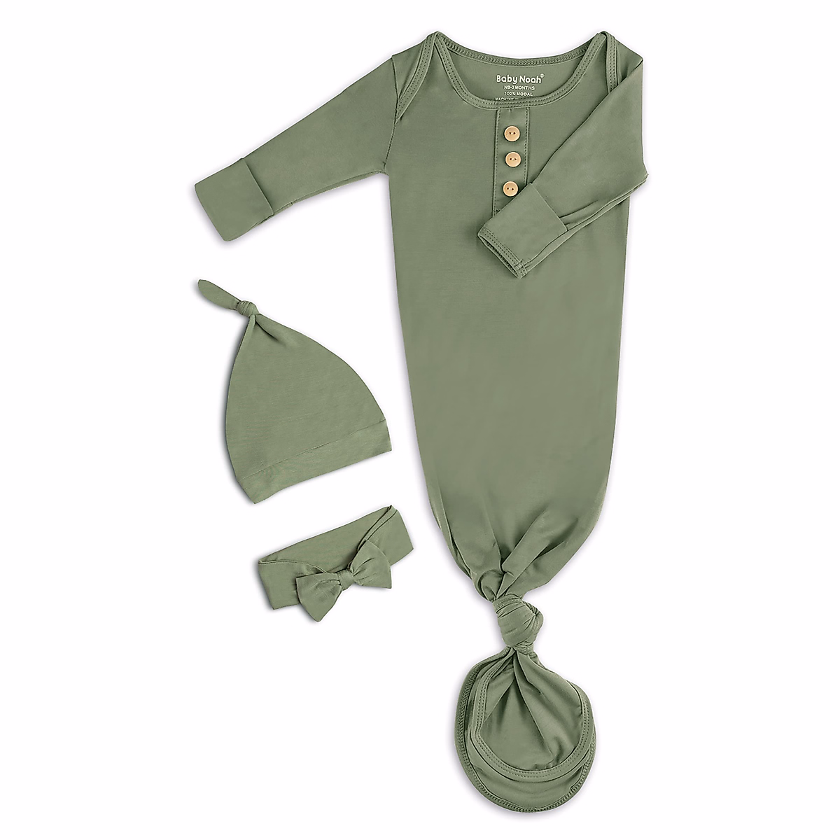 Newborn Baby Knotted Gown, Super Soft Silky Infant Long Sleeve Sleeper with Tie Bottom, Baby Girl and Boy Sleep Gown with Mittens, Bow, and Hat Set Army Green