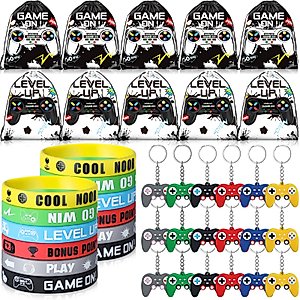 Nosiny 72PCS Video Game Party Favors Birthday Include 24 Video Game Goodie Drawstring Bags 24 Silicone Bracelet 24 Controller Keychain for Kids for Party Supplies (Black, White, Cute)