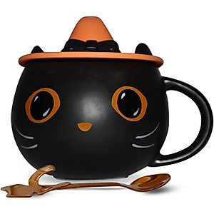Brewish Cat Mug for Kitty Lovers | Cute Cup with a Witch Hat Lid & an Adorable Spoon | Ceramic Coffee & Tea Mugs | Gift for Cat Mom, Dad, Women, Kids | 12 oz, Black
