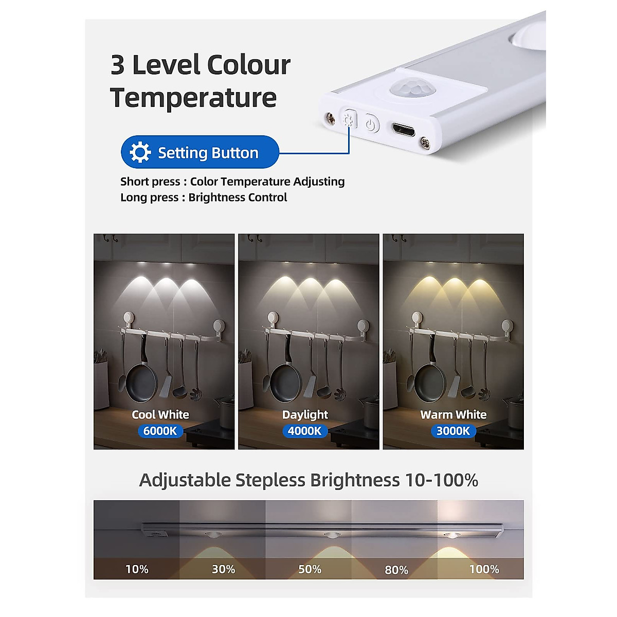 GARTO Silver Under Cabinet Light 2 Packs,23.62 inch Slim LED Motion Sensored Light,4 Beads USB Rechargeable Under Counter Lights for Kitchen Shelf Wardrobe Closet