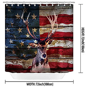 Dia Magico 4PCS Deer Shower Curtain Set, American Flag Patriotic Elk Antlers Moose Woodland Forest Animal Hunting Lodge Cabin Rustic Farmhouse Bathroom Decor, Fabric Shower Curtain Non-Slip Bath Mat