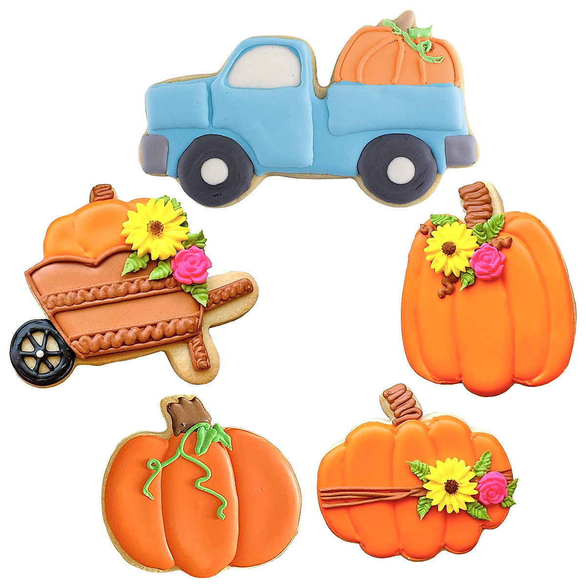 Pumpkin Patch Cookie Cutters 5-Pc. Set Made in the USA by Ann Clark, Truck with Pumpkin, Pumpkin in a Wheelbarrow, Jack-o-Lantern Pumpkin, Tall Pumpkin, Pumpkin Gourd