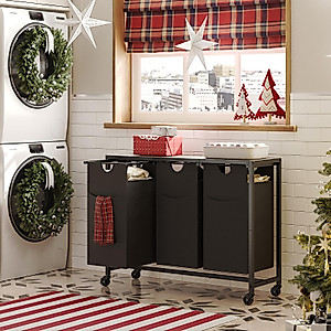 Laundry Hamper 3 Section, Laundry Basket, Laundry Sorter with Shelf, 3 Pull-Out and Removable Bags, 3 x 10Gal (38 L) Laundry Organization, Oxford Cloth Laundry Bags, Rustic Brown LS30BR