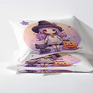 Halloween Sheets Full Size, Witch Pumpkin Bed Sheets, Patterned Bedding Sheets & Pillowcases 4 Piece Set - Soft Microfiber Deep Pocket Fitted Sheet & Flat Sheet & 2 Pillow Cases Z8-&-40