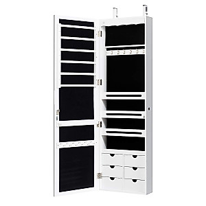 CHARMAID 5 LEDs Mirror Jewelry Armoire Wall Mounted Door Hanging, Lockable Jewelry Cabinet with 47.5"H Full Length Mirror, 6 Storage Drawers, Large Capacity Jewelry Organizer Box with Drawers (White)