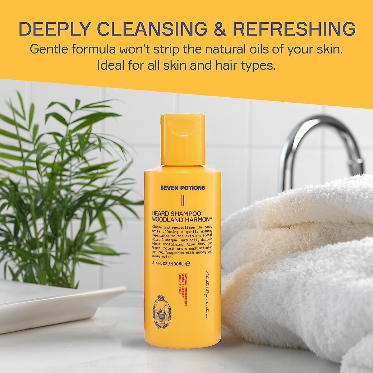 SEVEN POTIONS Beard Shampoo for Men — Gentle, Cleansing Wash for a Clean, Itch-Free Beard — Natural, Vegan, Cruelty-Free — (Woodland Harmony, 3.4 Fl Oz)