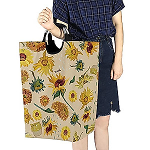 Poeticcity Van Gogh Style Sunflowers Laundry Hamper Basket Bucket, Foldable Dirty Clothes Bag, Waterproof Fabric Washing Bin, Toy Storage with Handles for Bathroom Bedroom